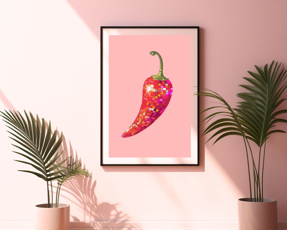 Chilli Disco Ball | Trendy Kitchen Decor, Retro Food Wall Art, Chili ...