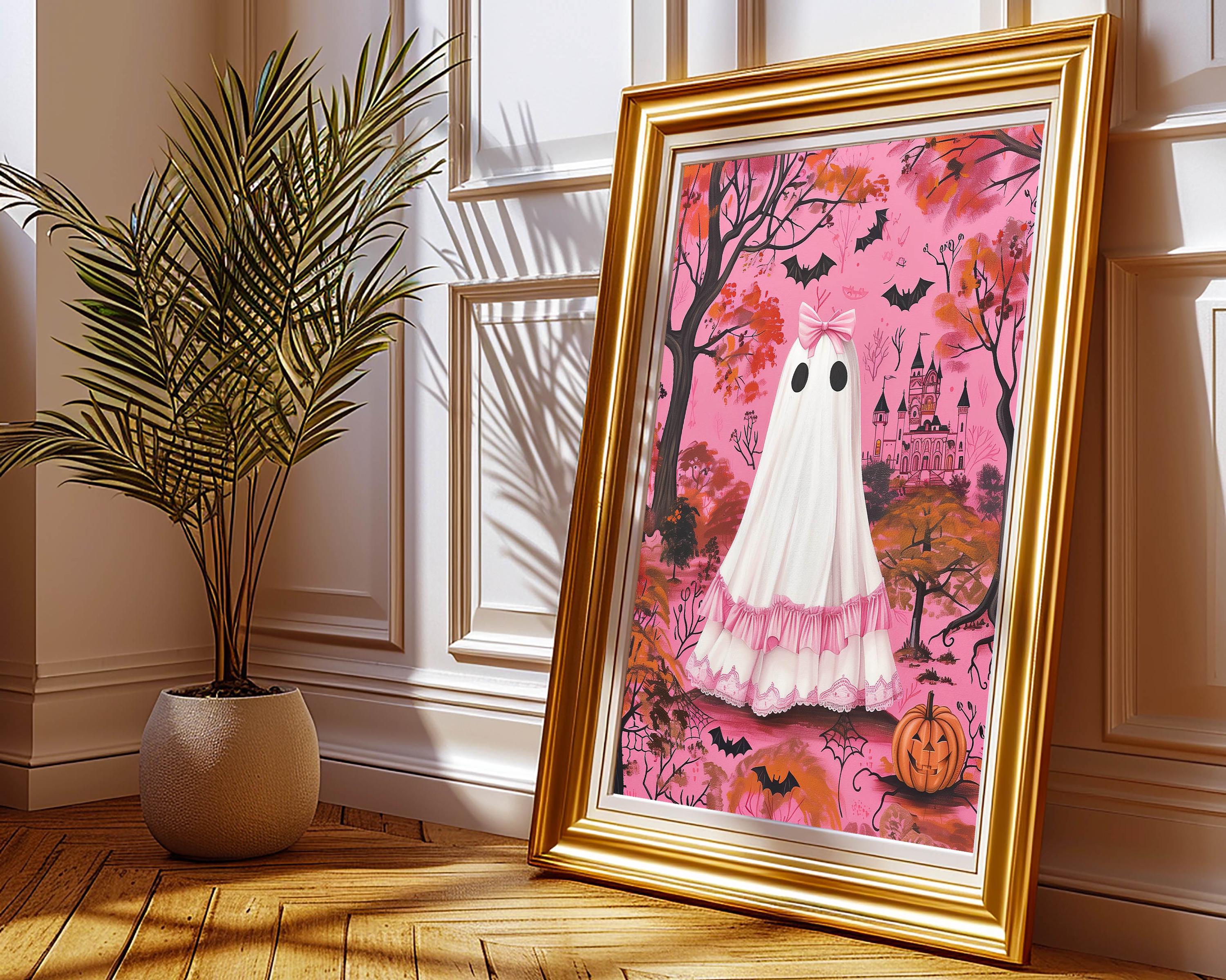Coquette Ghost Pink Halloween Wall Art, Pink Bow Ghost Print, Cute ...