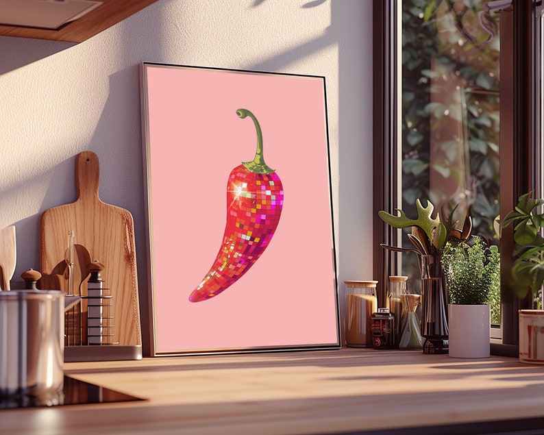 Chilli Disco Ball | Trendy Kitchen Decor, Retro Food Wall Art, Chili ...