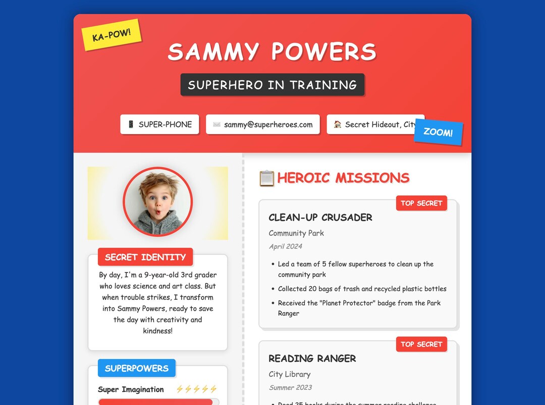 Kids Superhero Resume Template: Comic Book Style Portfolio (digital ...
