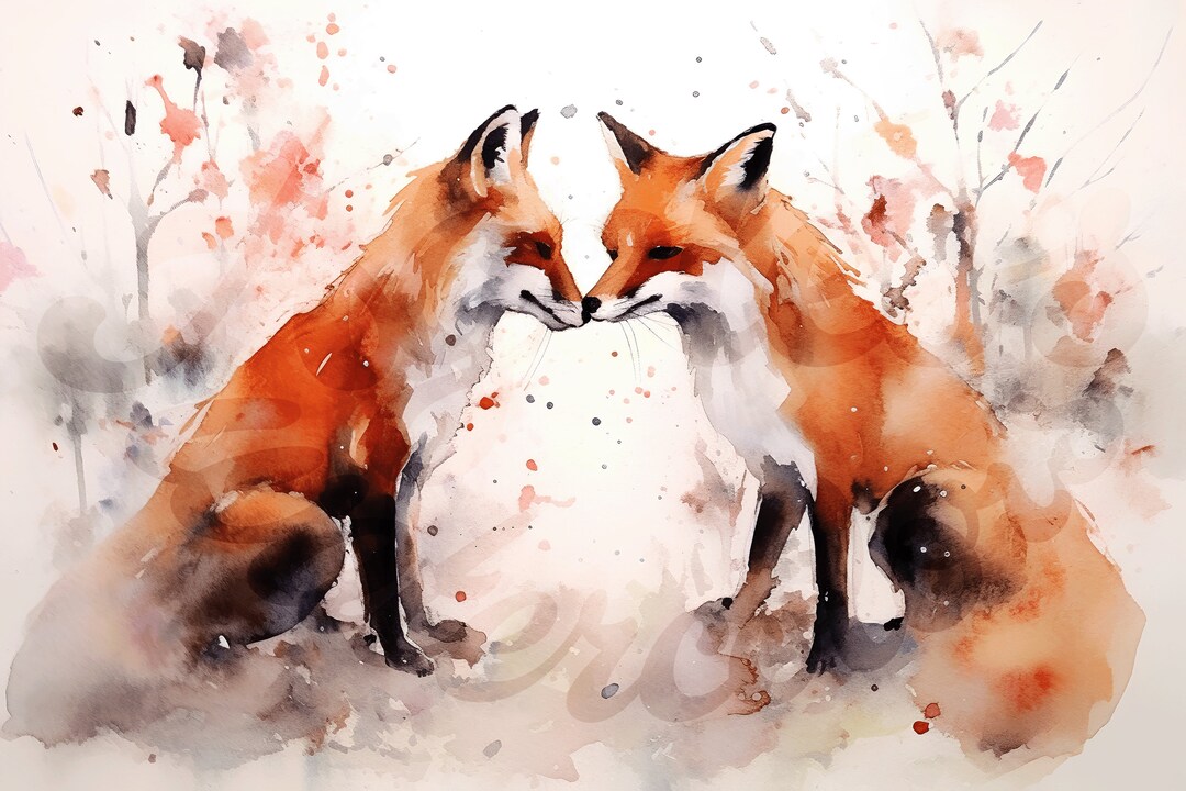 Printable Watercolor Red Foxes, Wall Art, Modern Home Decor, Warm Color ...