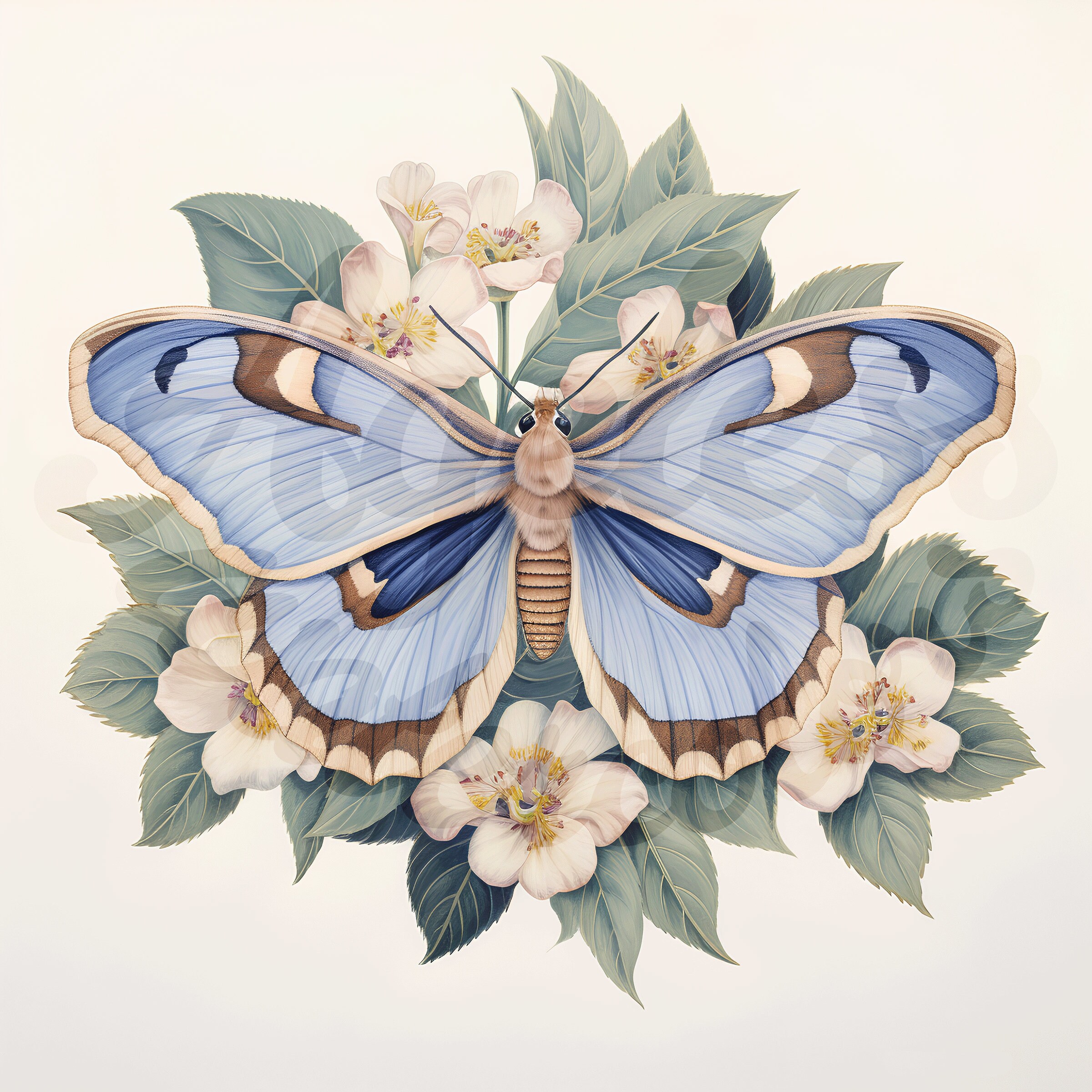 Nature-inspired Blue Moth & Flowers Art Printable Wall Decor Instant ...