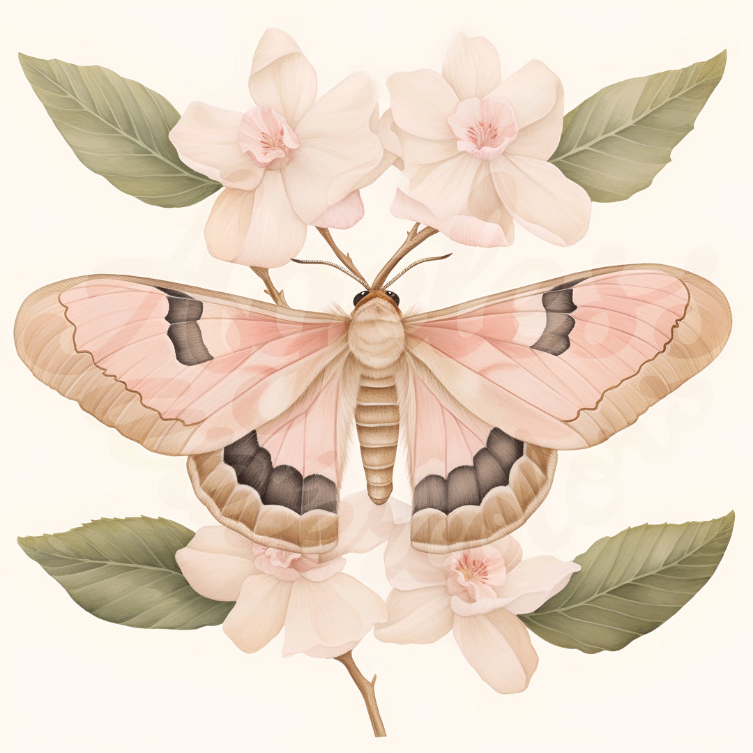 Printable Moth and Flowers Watercolor Beautiful Wall Decor Art - Etsy