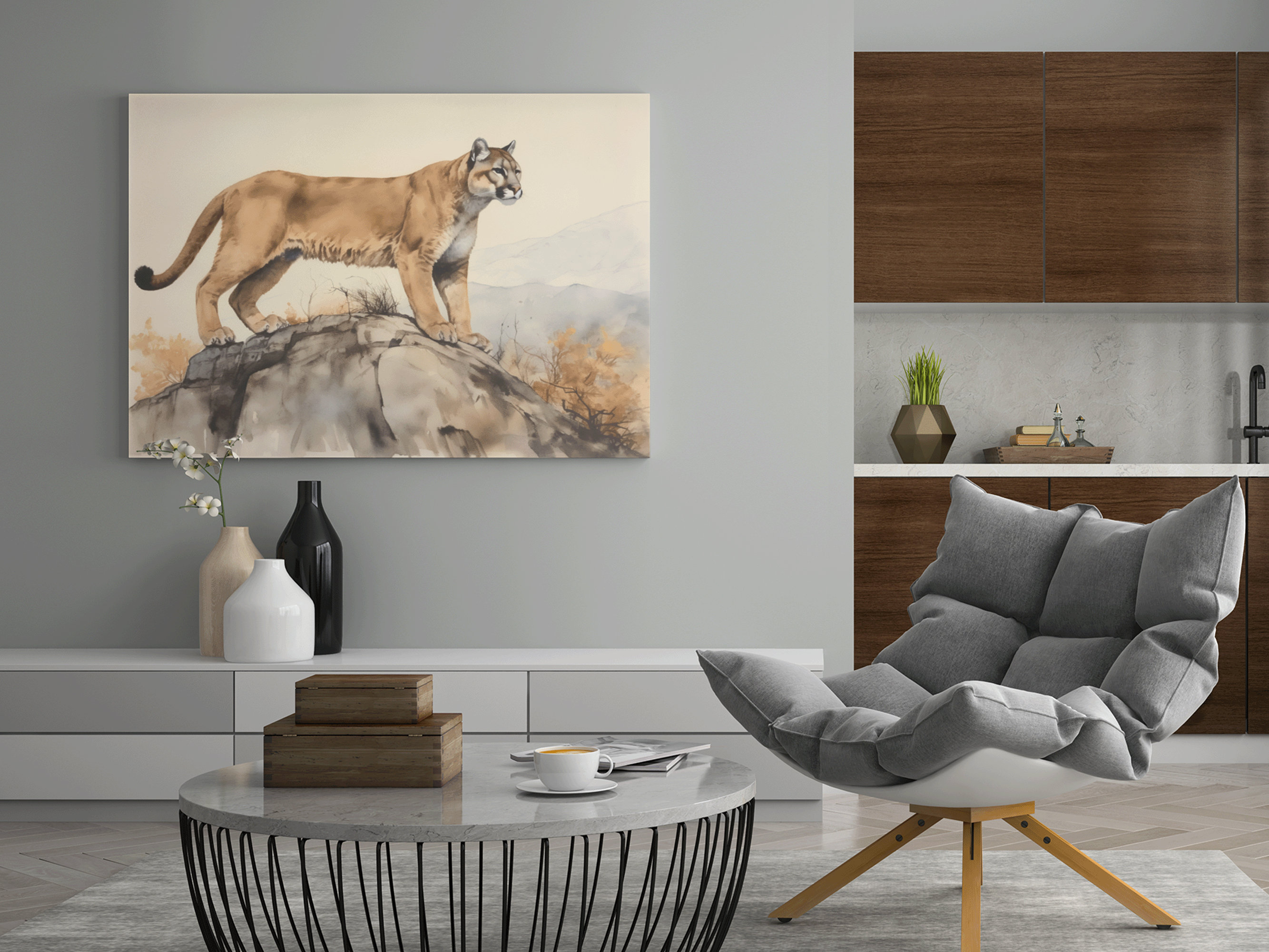 Printable Mountain Lion Art, Watercolor Wall Decor, Earth Tone Colors ...