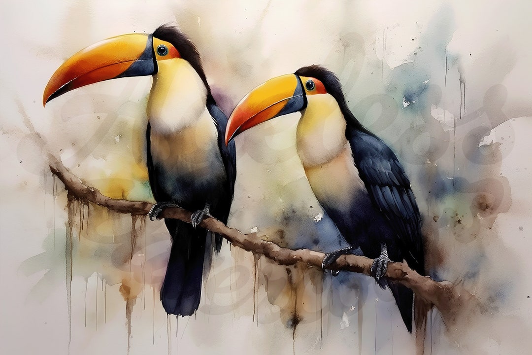 Printable Toucans Art, Watercolor Wall Decor, Warm Shades, Modern Home ...
