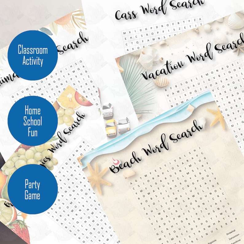 Five Themed Word Search Puzzles - Instant Download, Classroom or Home ...