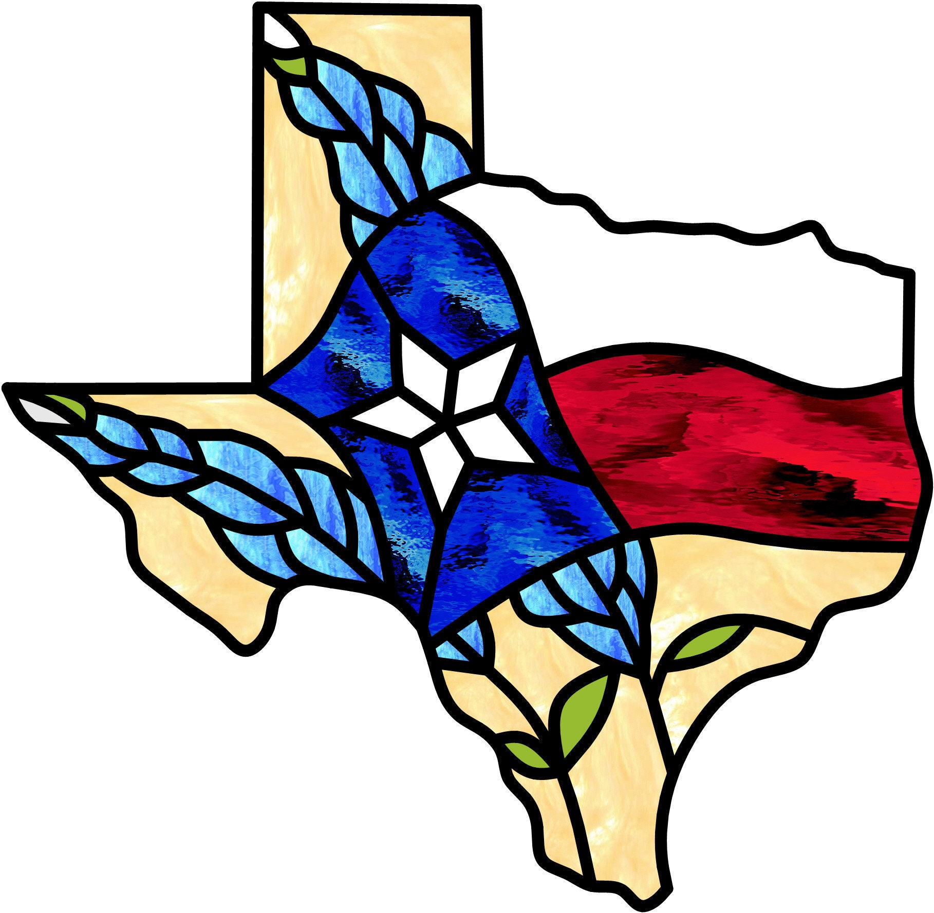 State of Texas, Bluebonnets, Texas Flag Digital Stained Glass Pattern ...