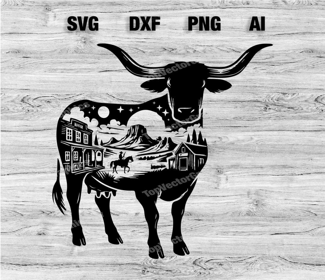 Longhorn Ranch Scene Cut File | Wild West Cow Graphic Wall Art ...