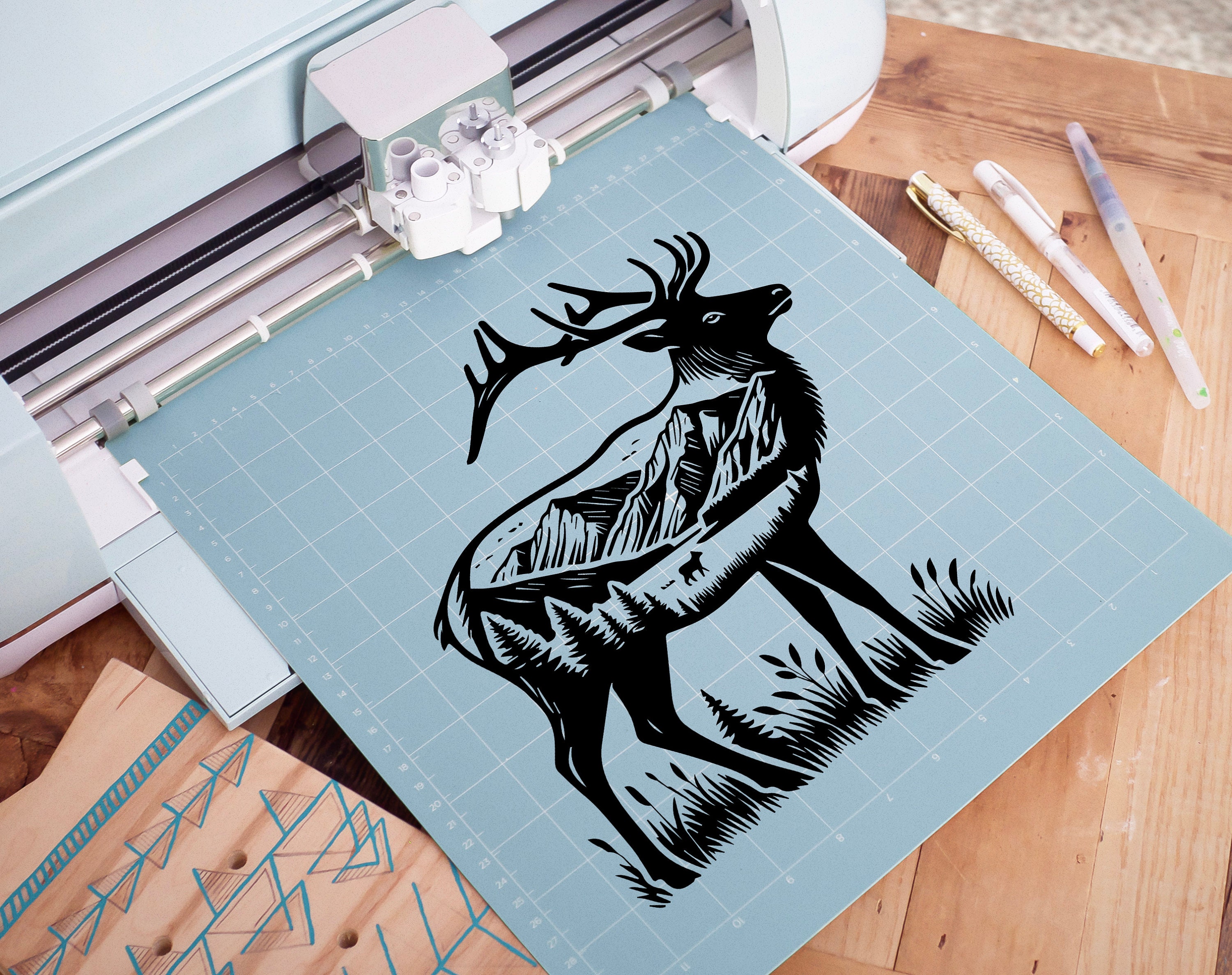Elk Mountain Scene Cut File | Outdoor Elk Vector Graphic Wall Art ...