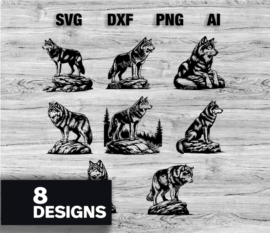 8 Wolf Boulder Cut Files | Grey Wolves Vector Graphic Silhouette, Cameo ...