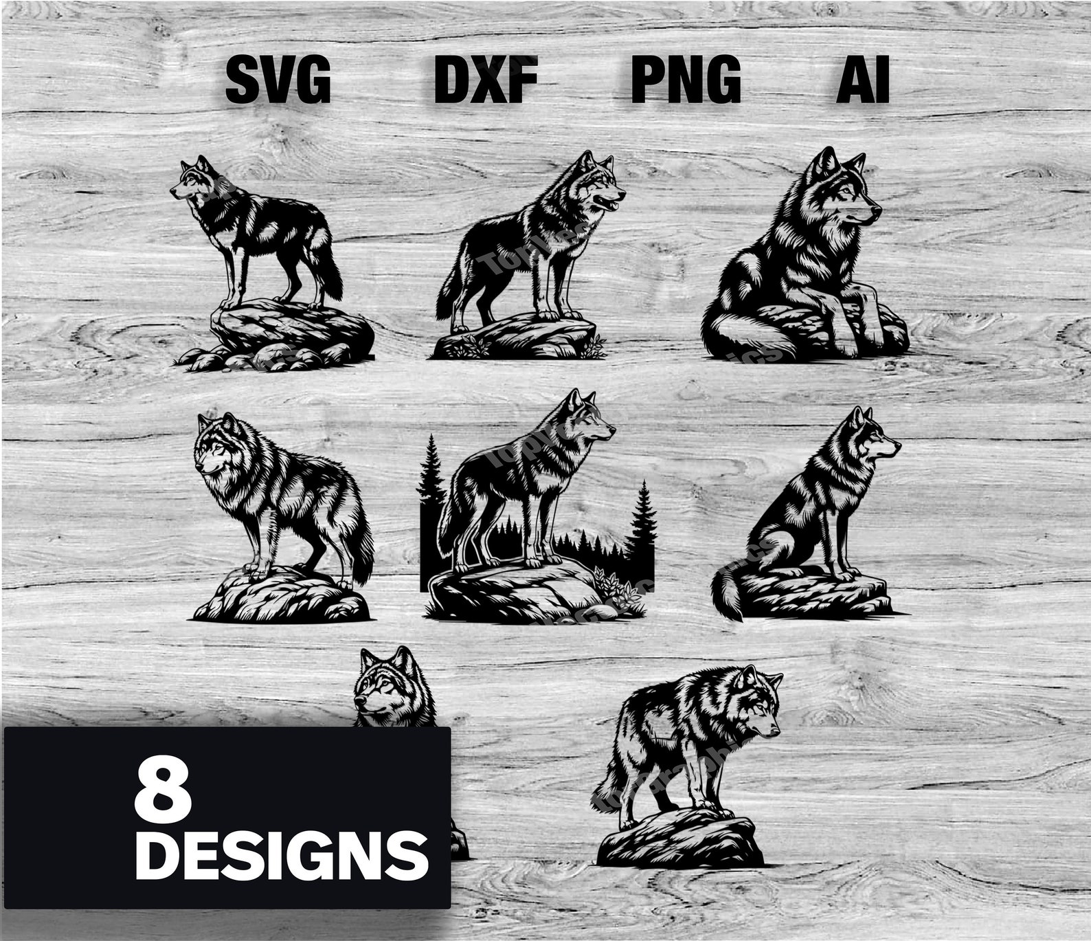 8 Wolf Boulder Cut Files | Grey Wolves Vector Graphic Silhouette, Cameo ...