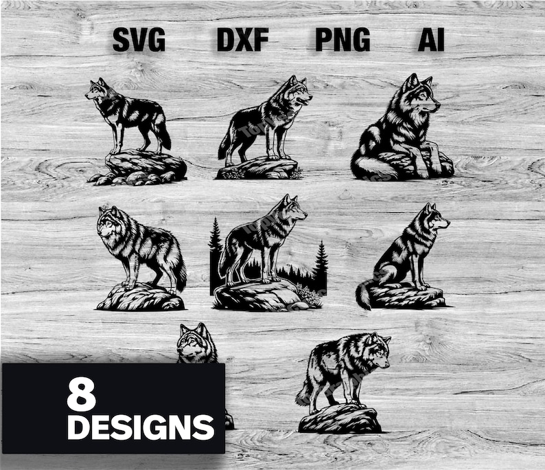 8 Wolf Boulder Cut Files Grey Wolves Vector Graphic Silhouette, Cameo ...