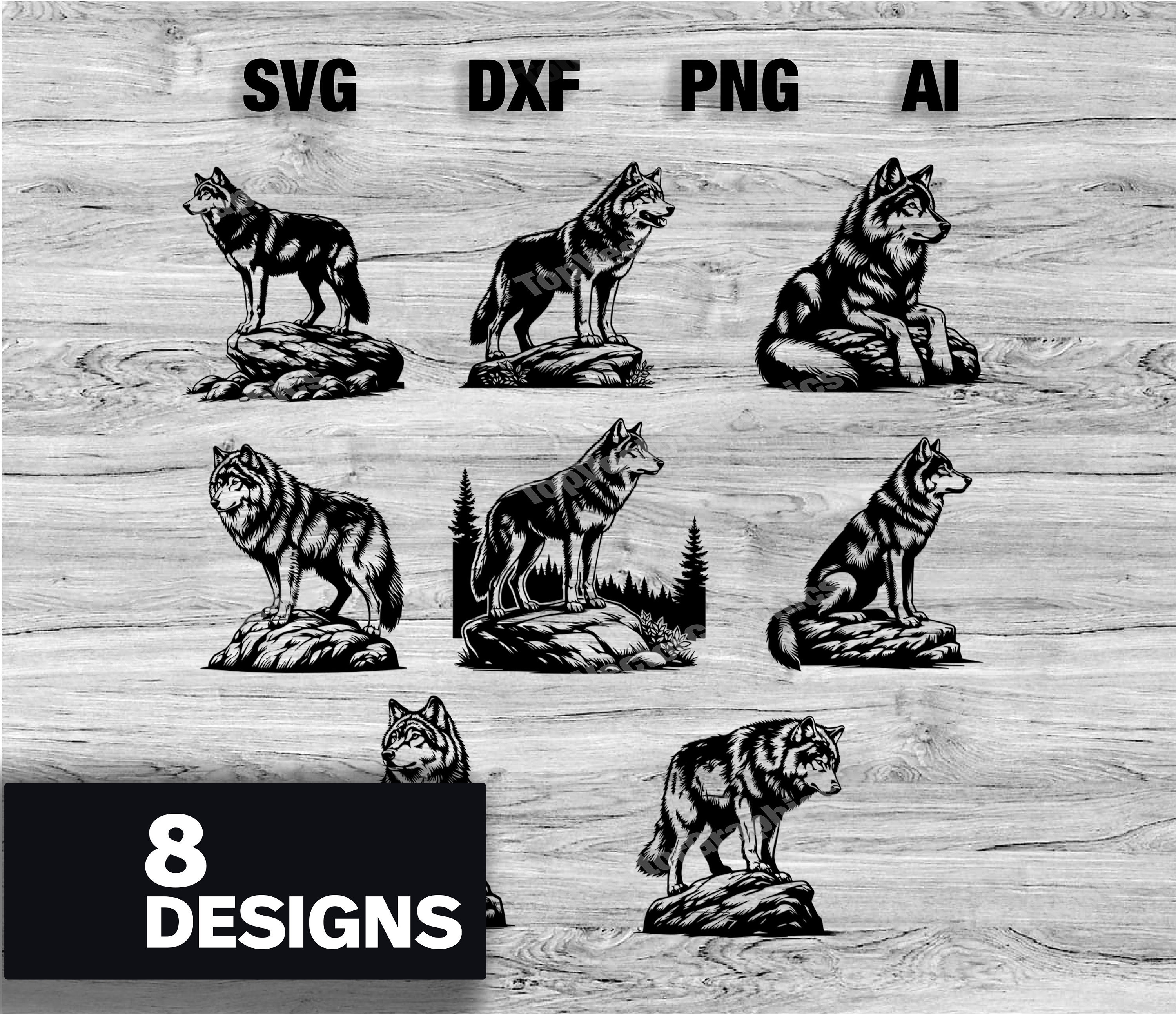 8 Wolf Boulder Cut Files Grey Wolves Vector Graphic Silhouette, Cameo ...