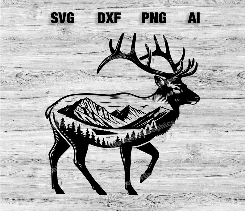 Elk Mountain Scene Cut File Outdoor Elk Vector Graphic Wall Art ...