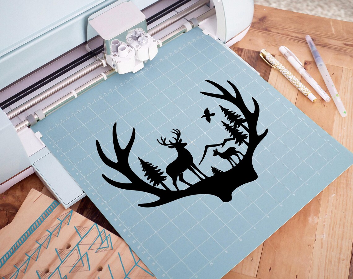 Dear Antler Scene SVG | Outdoor Dear Vector Graphic Wall Art Silhouette ...