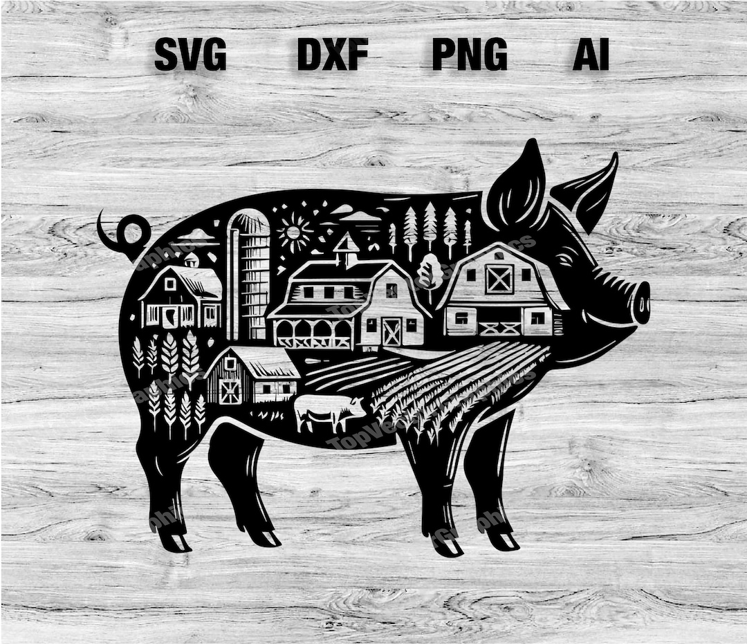 Pig Farm Scene Cut File | Cute Pig Animal Graphic Wall Art Silhouette ...