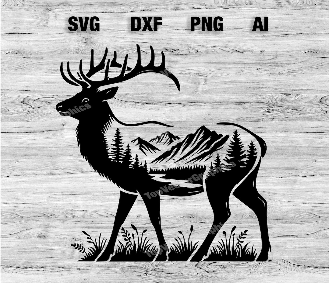 Elk Mountain Scene Cut File | Outdoor Elk Vector Graphic Wall Art ...