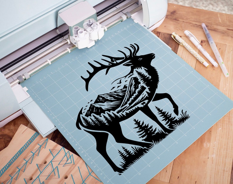 Elk Mountain Scene Cut File | Outdoor Elk Vector Graphic Wall Art ...