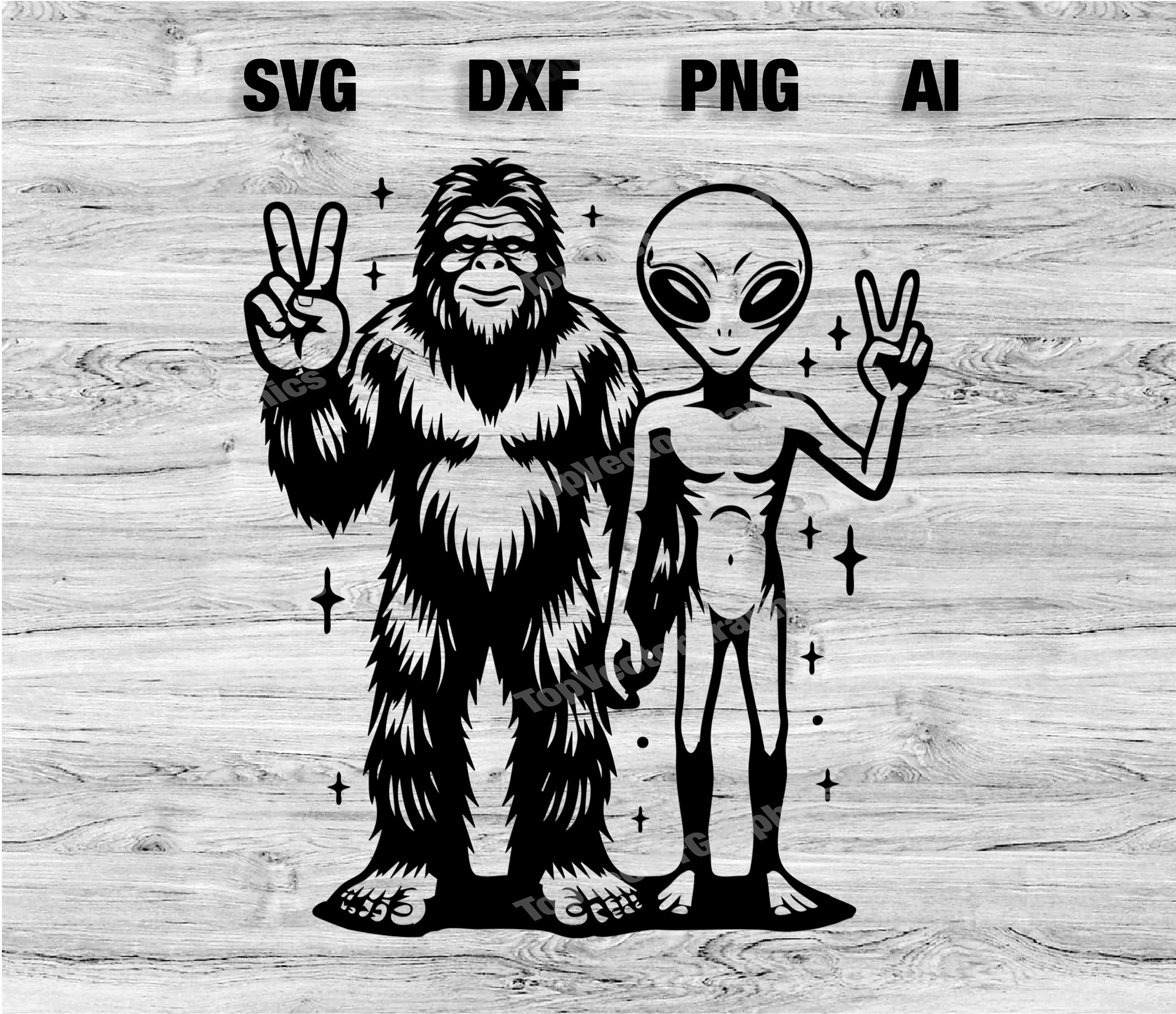 Bigfoot and Alien Peace Sign Cut Files Cute Bigfoot Alien Vector ...