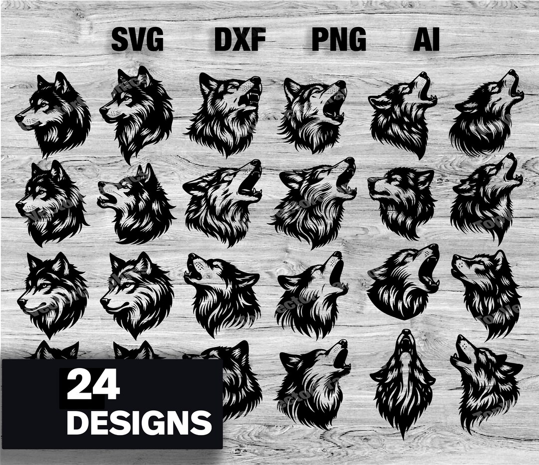 24 Wolf Head Cut Files | Grey Wolf Vector Graphic Silhouette, Cameo ...
