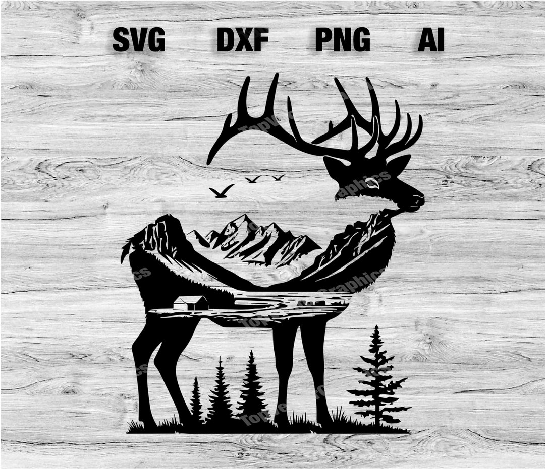 Elk Mountain Scene Cut File | Outdoor Elk Vector Graphic Wall Art ...