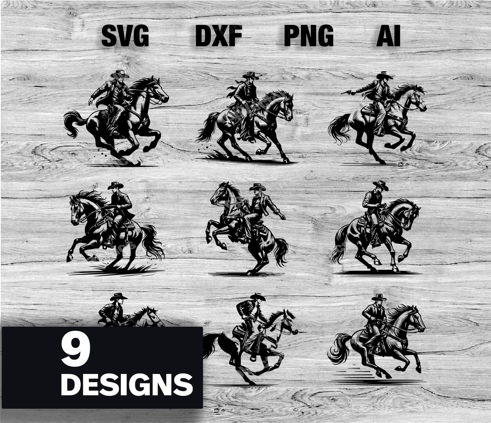9 Western Cowboy Cut Files Cowboy Riding Horse Vector Graphic ...
