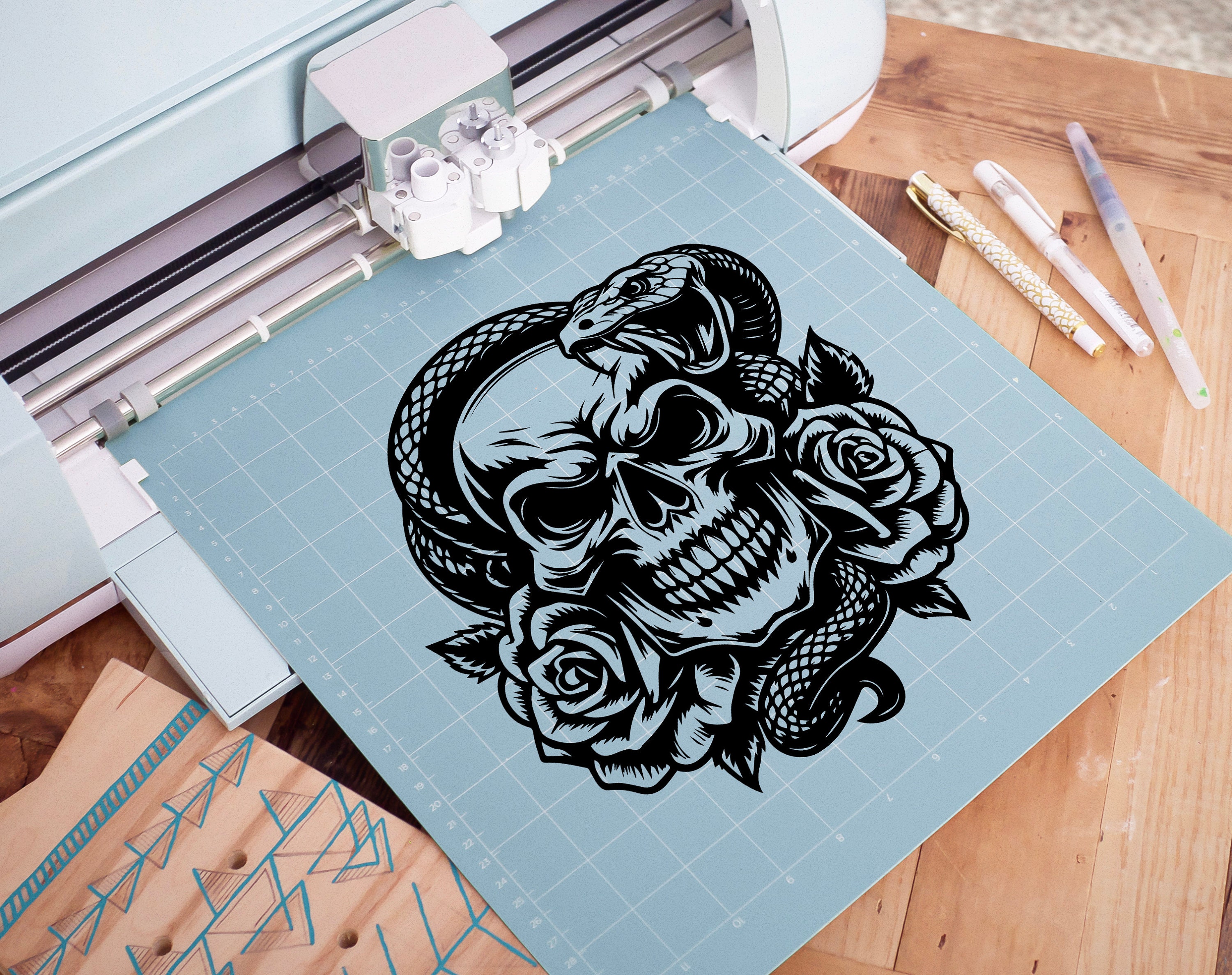 Snake Skull Rose Cut Files | Grim Reaper Tattoo Skull Vector Silhouette ...