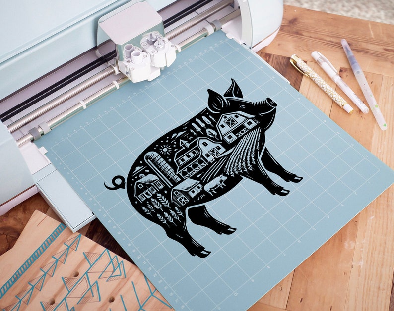Pig Farm Scene Cut File Cute Pig Animal Graphic Wall Art Silhouette ...
