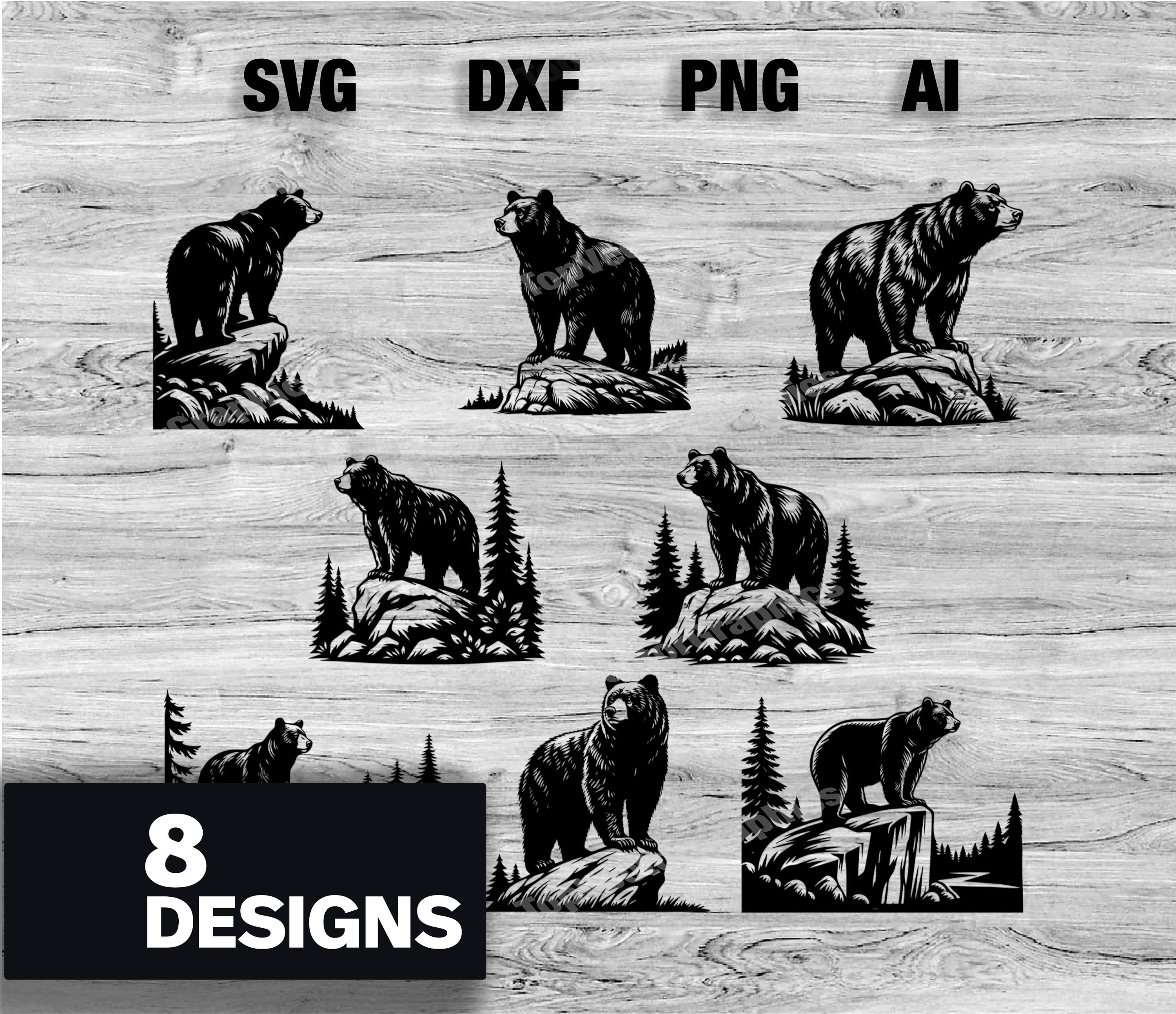 8 Black Bear on Boulder Vector Graphics for DIY Crafts and Projects ...