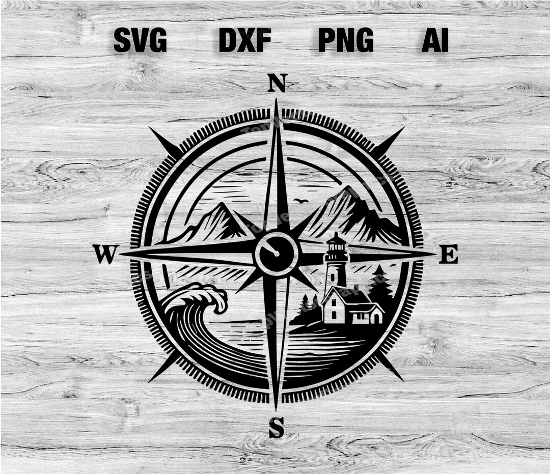 Compass Lighthouse Cut File | Mountain Compass Rose Vector Graphic ...