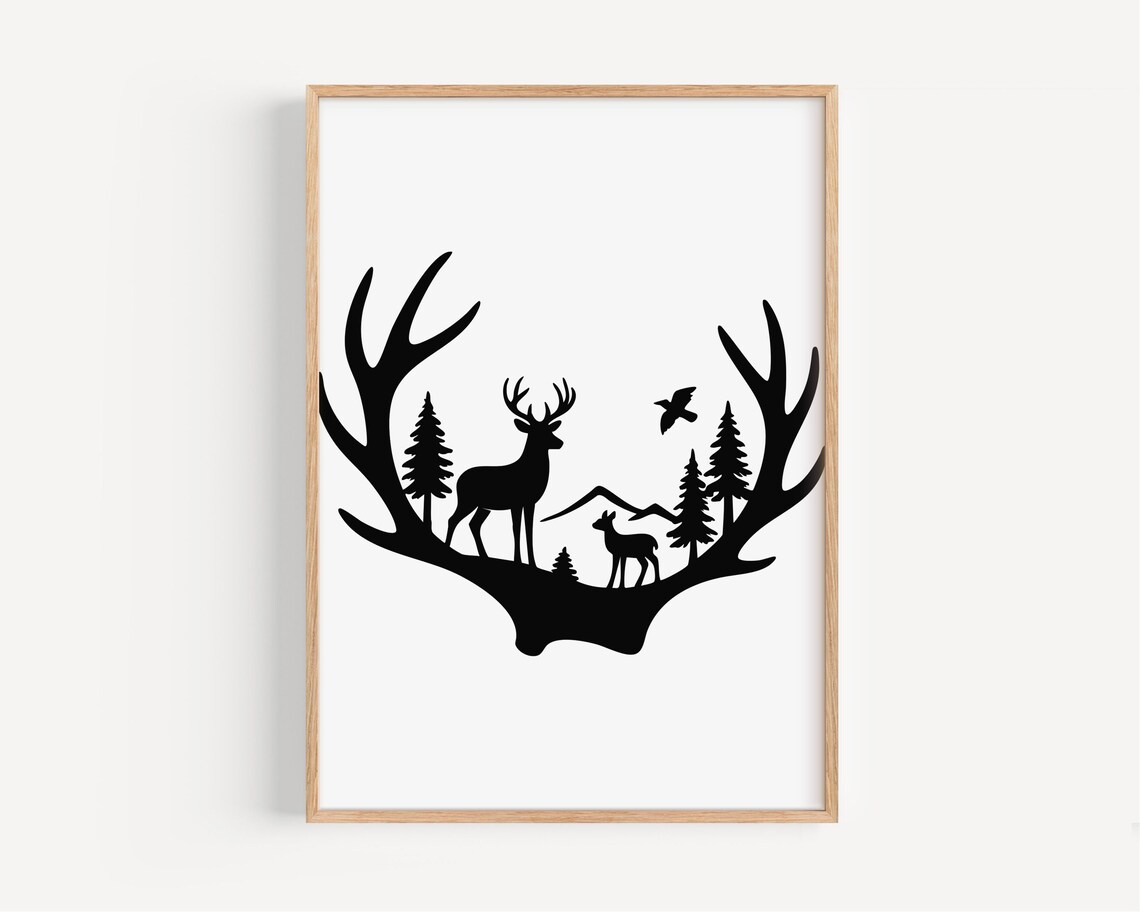 Dear Antler Scene SVG | Outdoor Dear Vector Graphic Wall Art Silhouette ...