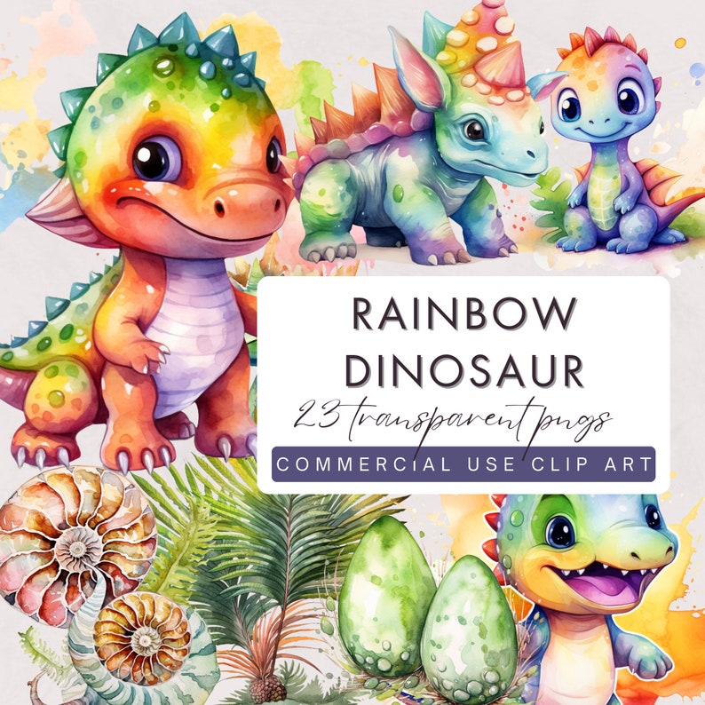 Dinosaurs Watercolor Clipart in Rainbow Colors Dinosaur - Etsy