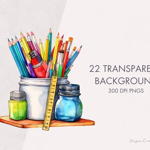 School Supply Watercolor Clipart, Back to School Clip Art, Pen, Eraser ...