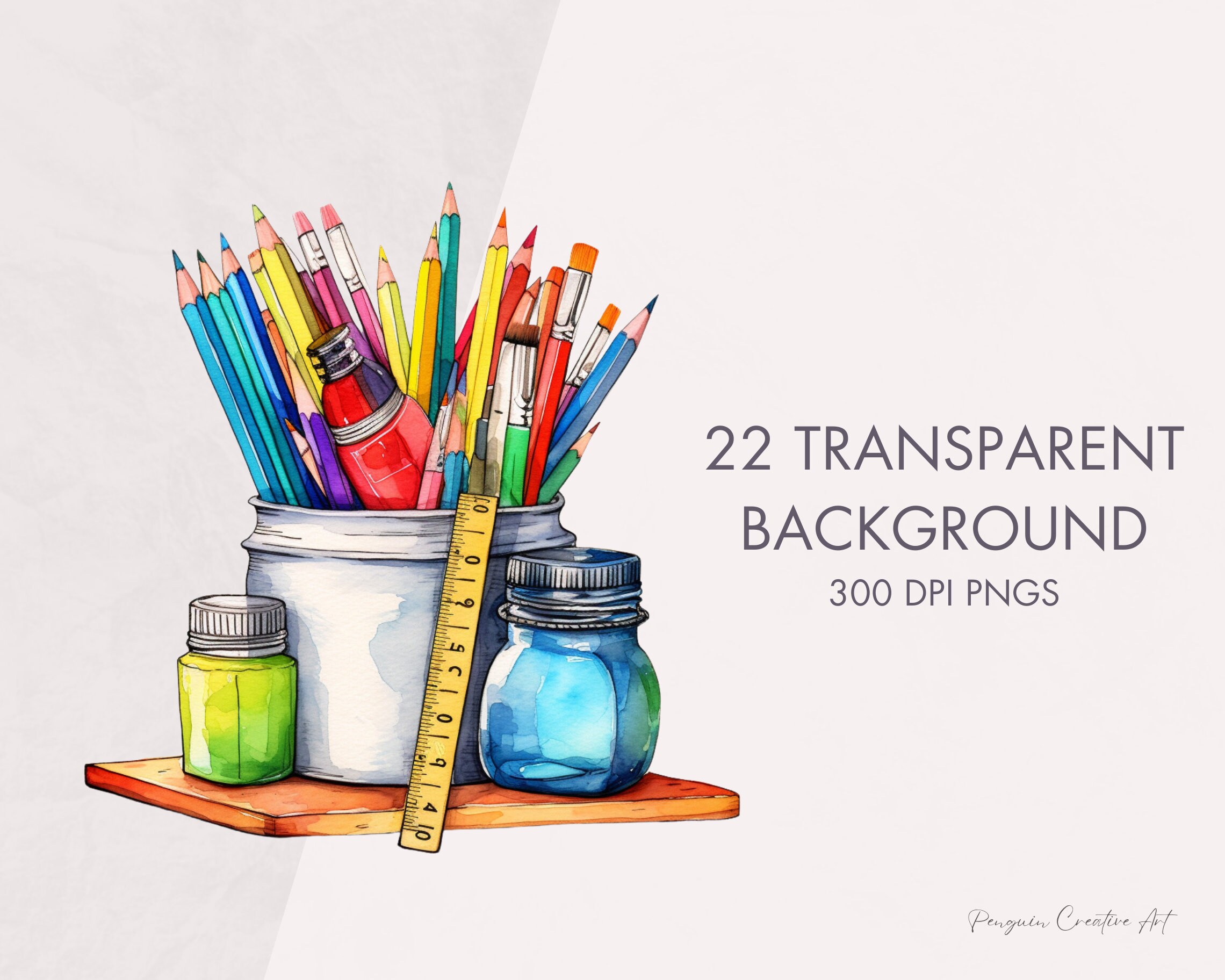 School Supply Watercolor Clipart, Back to School Clip Art, Pen, Eraser ...