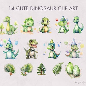 Cute Dinosaur Party Clipart Pack, Green Dinosaur Party, Dinosaur ...