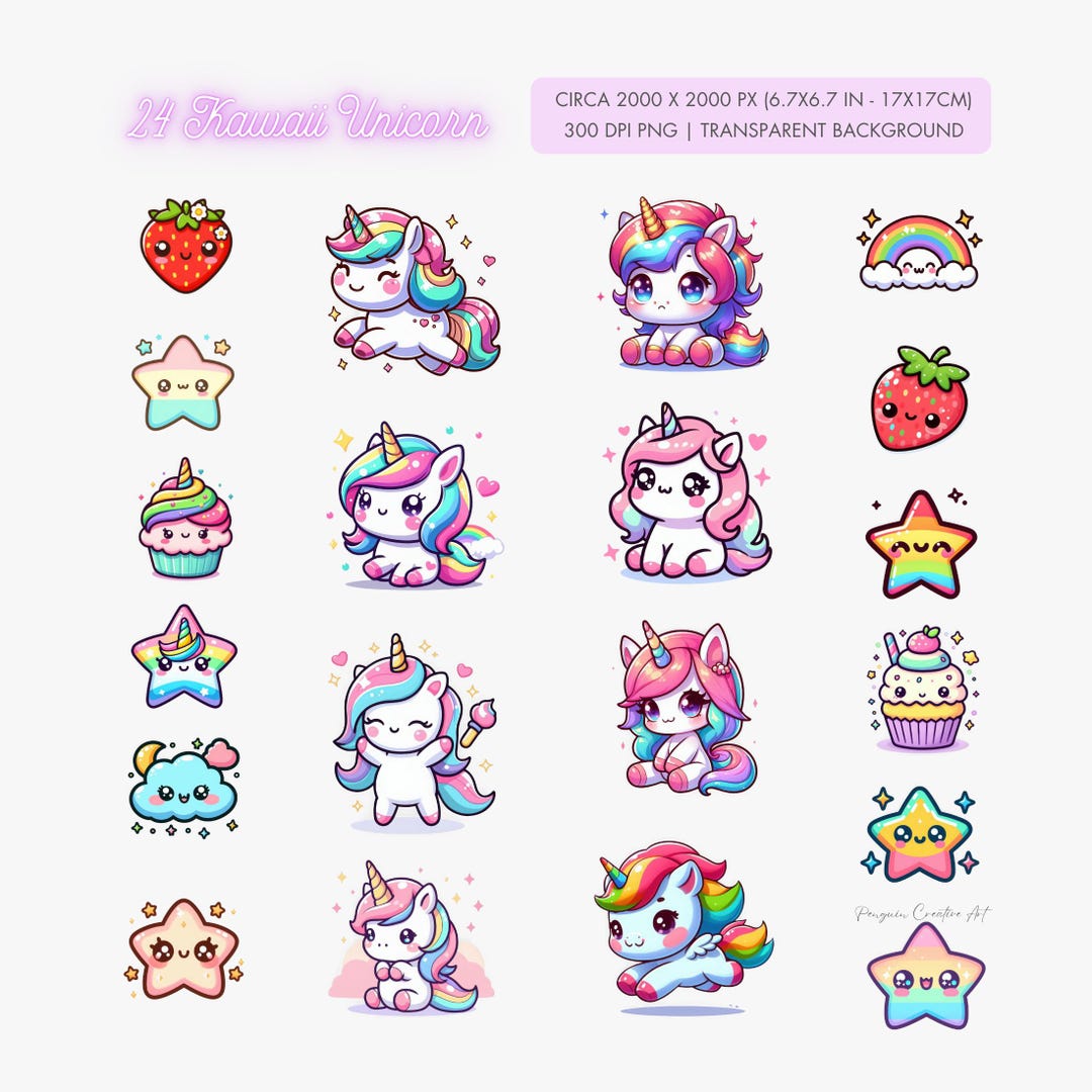 24 Kawaii Unicorn PNG Clipart Bundle, Cute Unicorn Png, Unicorn Clipart ...