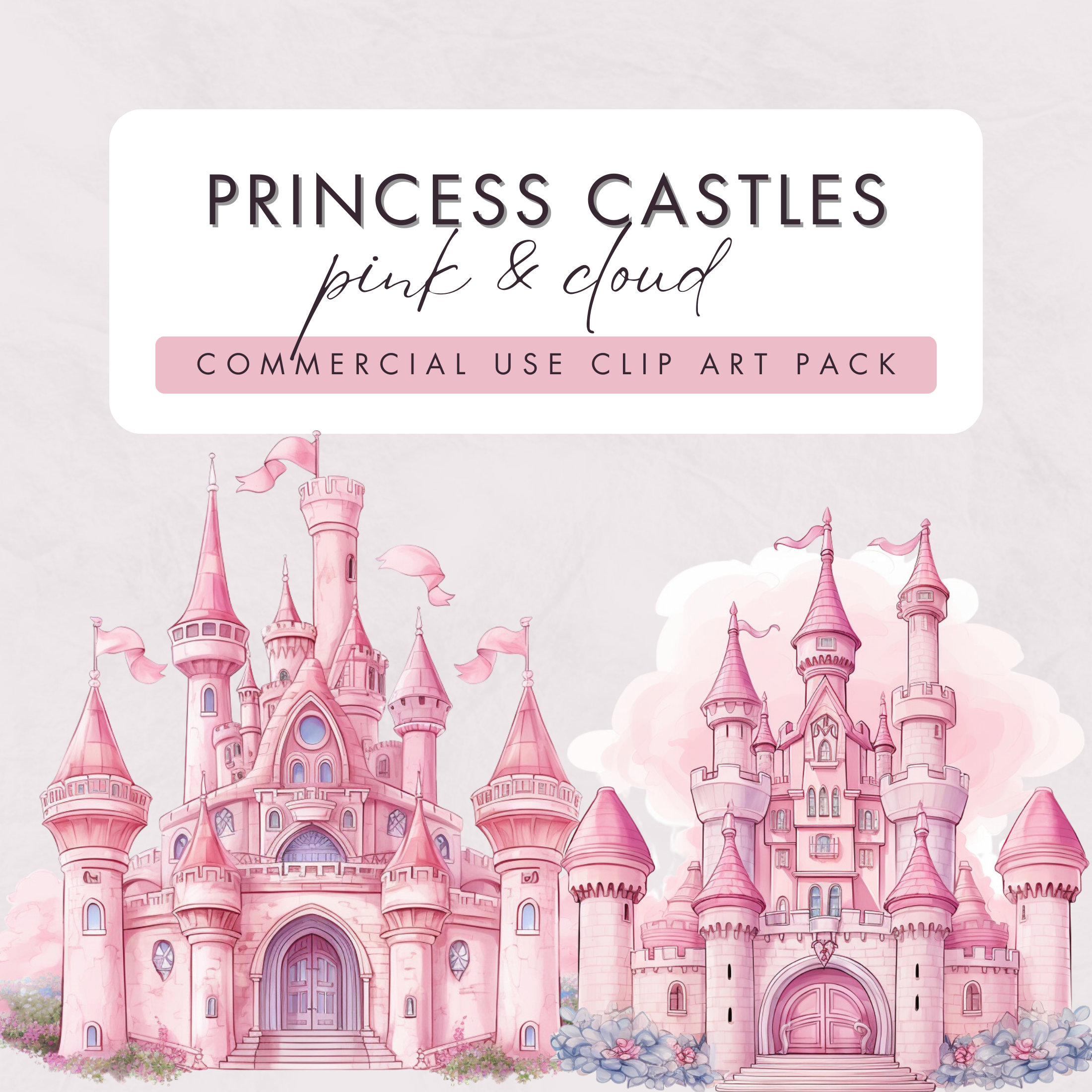 Princess Castle Clip Art Pack in Pink Crayon, Commercial Use // Fairy ...