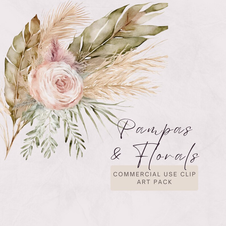Pampas Grass & Florals Watercolor Clipart, Boho Wedding Clipart ...