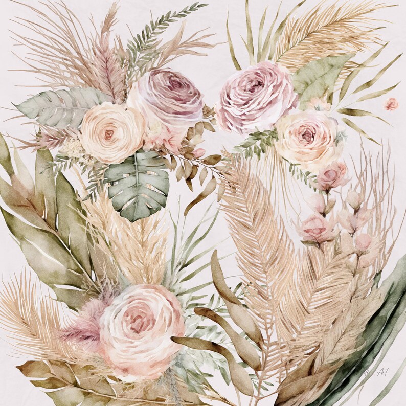 Pampas Grass & Florals Watercolor Clipart, Boho Wedding Clipart ...