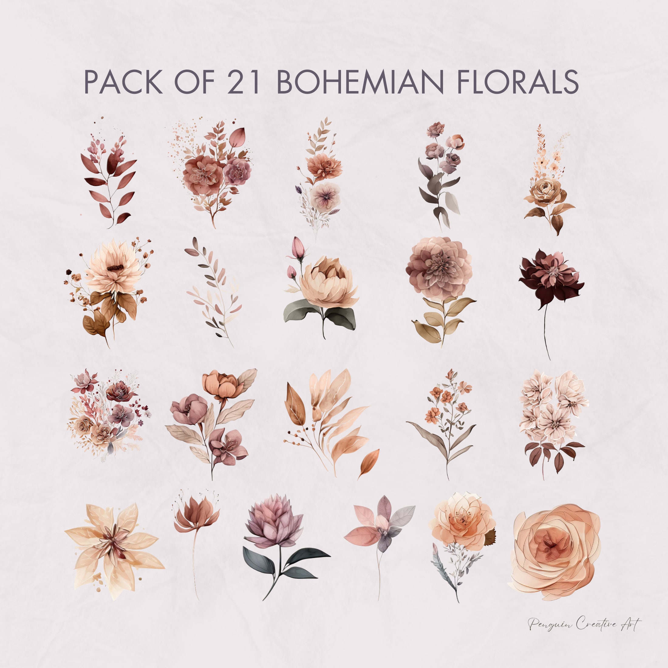 Bohemian Florals Clipart | Fall Clipart | Bohemian Watercolor Flower ...