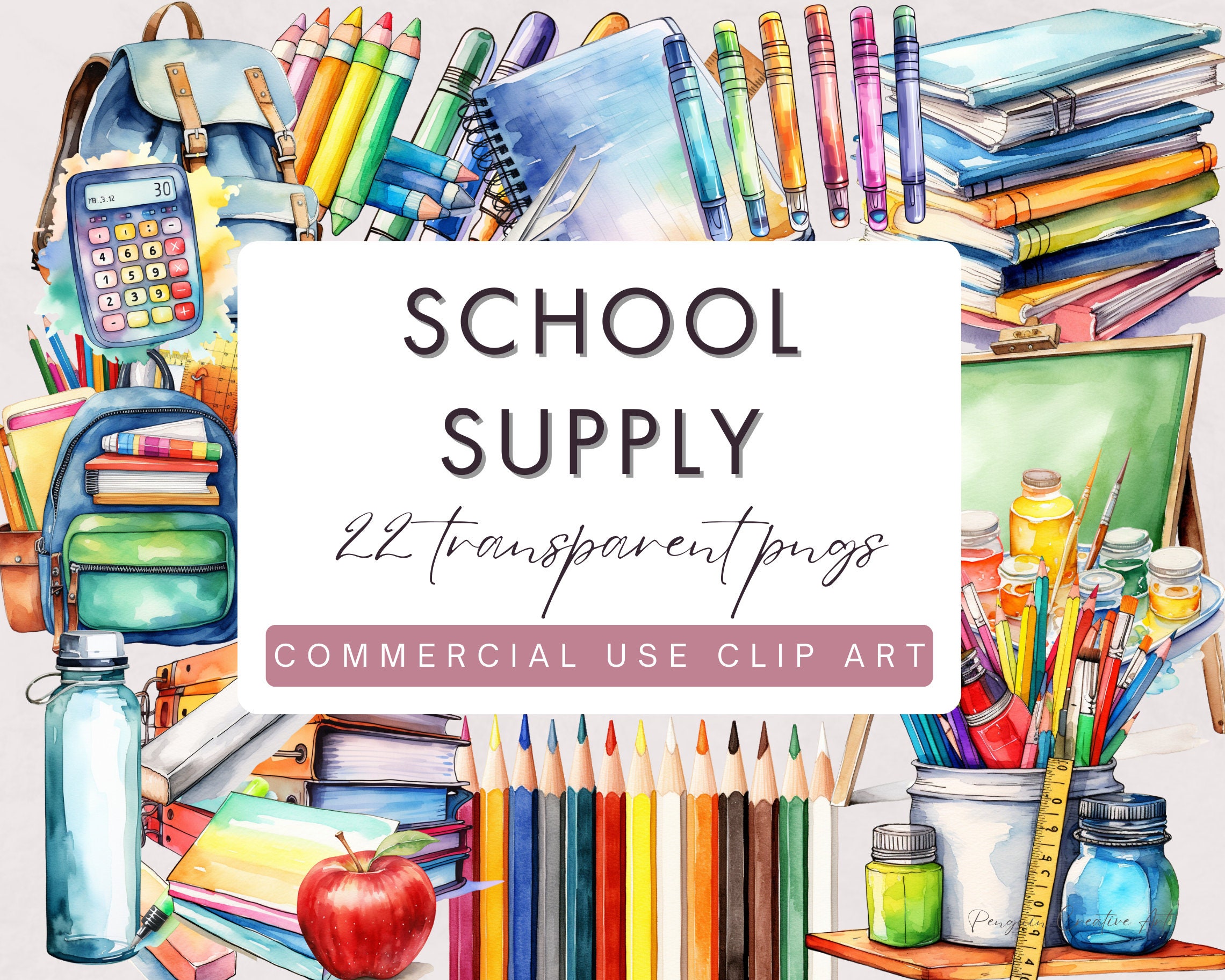 School Supply Watercolor Clipart, Back to School Clip Art, Pen, Eraser ...
