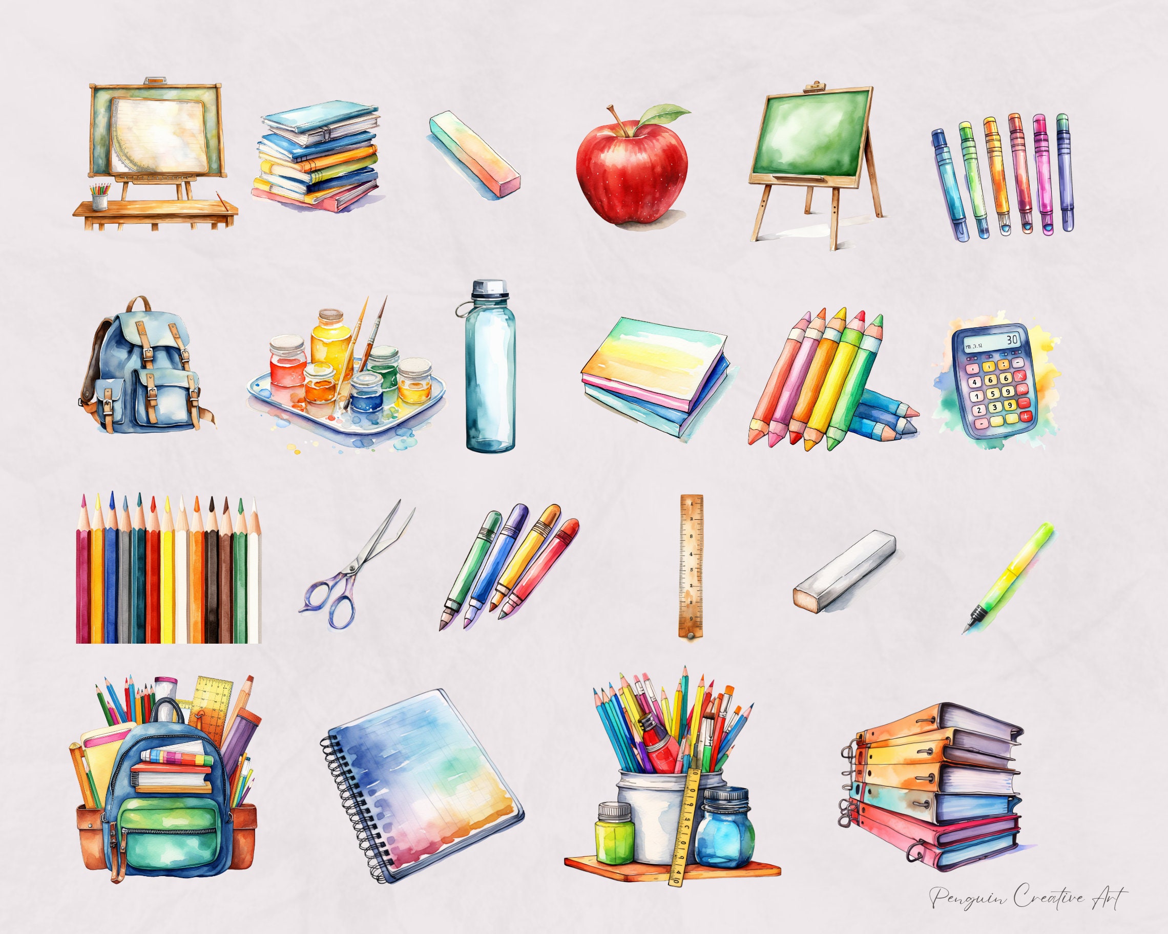 School Supply Watercolor Clipart, Back to School Clip Art, Pen, Eraser ...