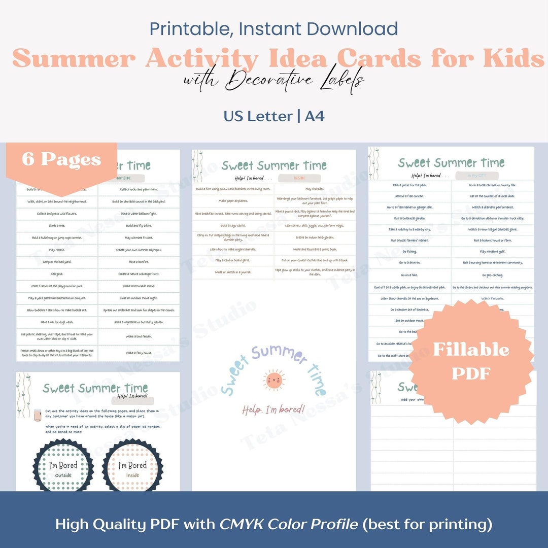 Summer Activity Idea Cards for Kids Boredom Jar Idea Cards - Etsy