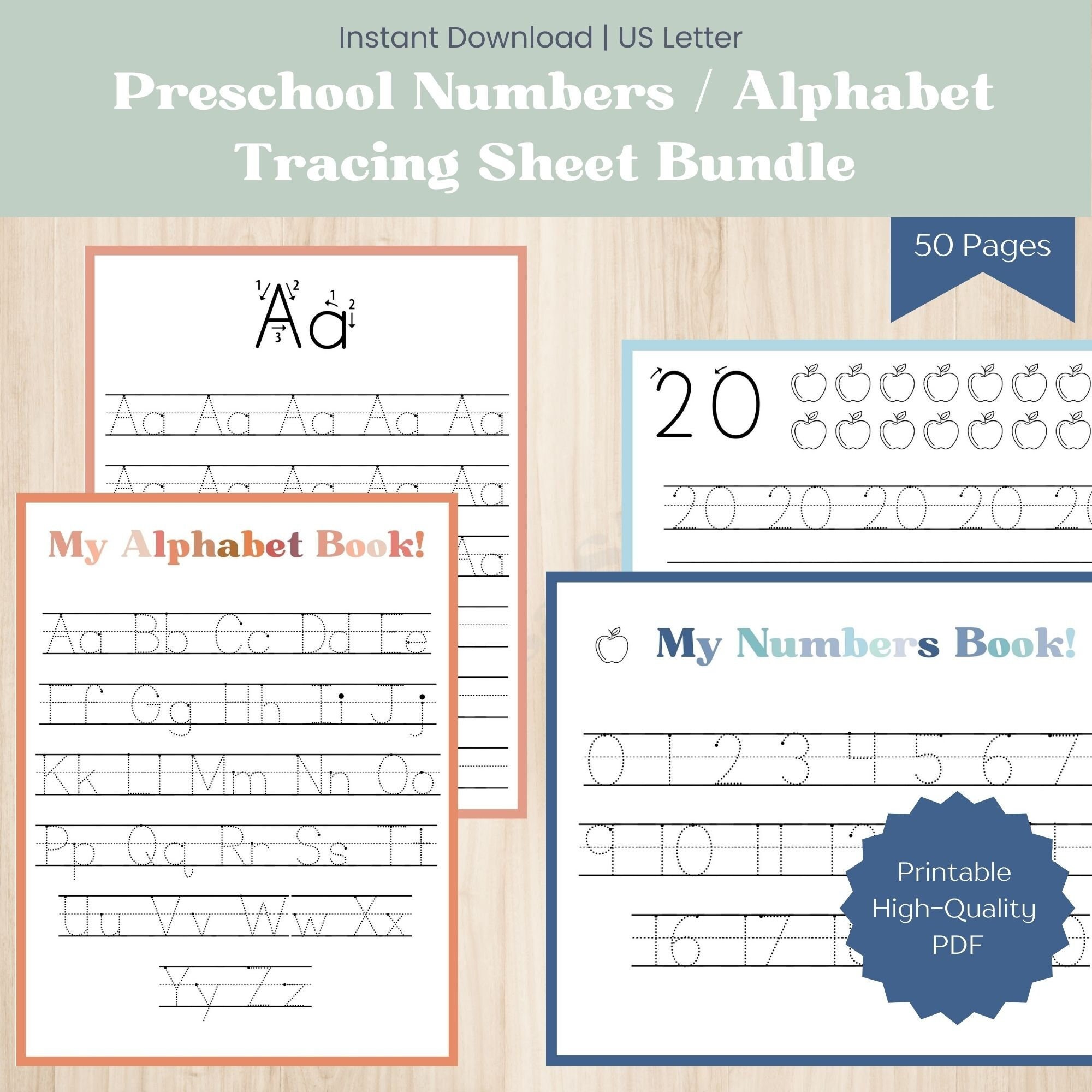 Preschool Alphabet Numbers Tracing Practice Sheets Bundle Preschool ...
