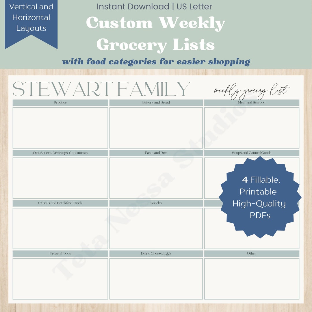 Weekly Grocery List Printable Grocery List Template Grocery - Etsy