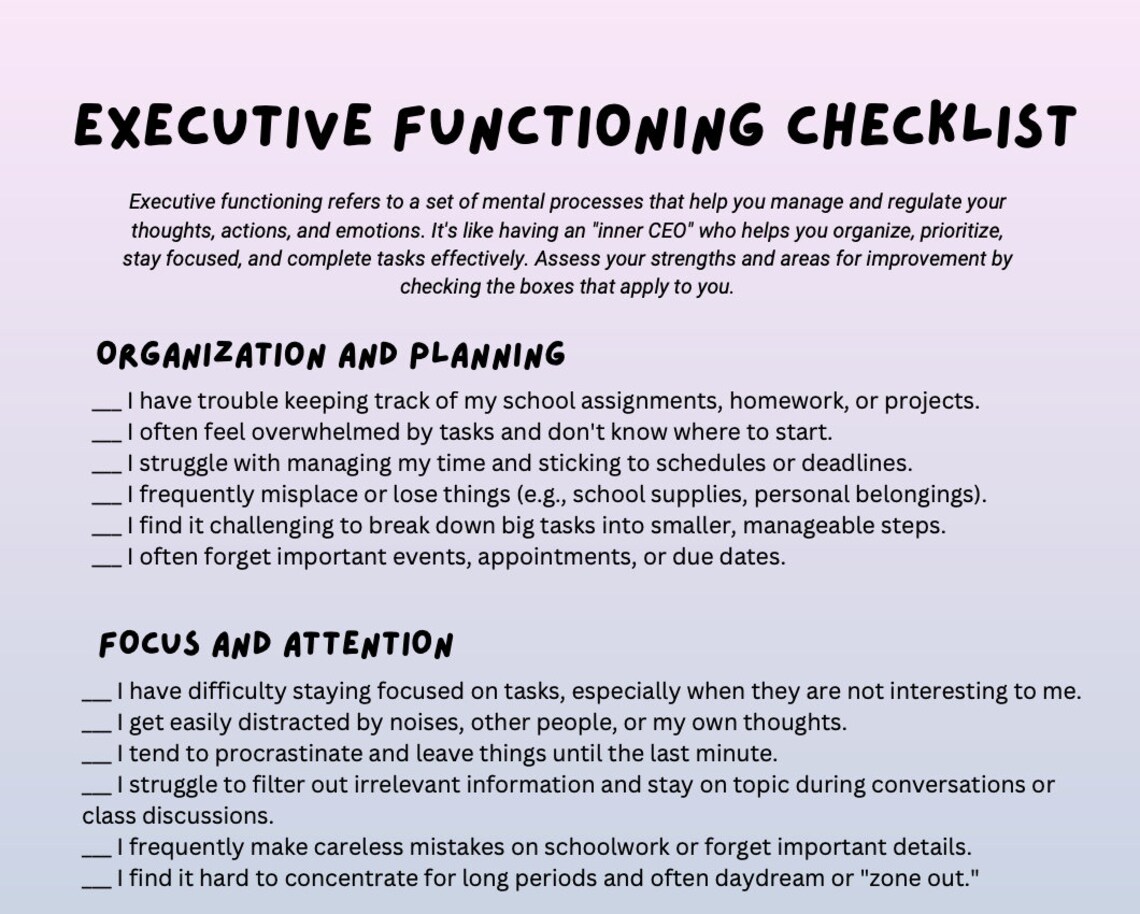 Executive Functioning Checklist for Adolescents With ADHD - Etsy