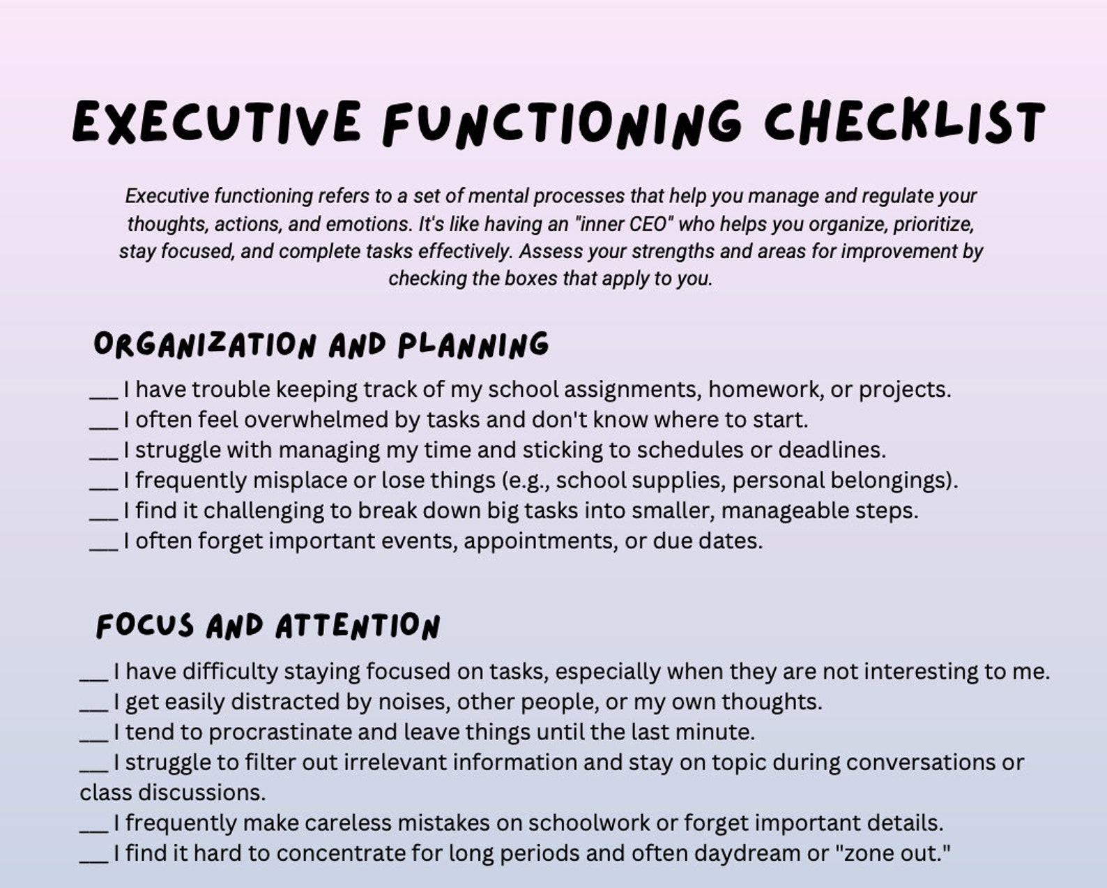 Executive Functioning Checklist for Adolescents With ADHD - Etsy