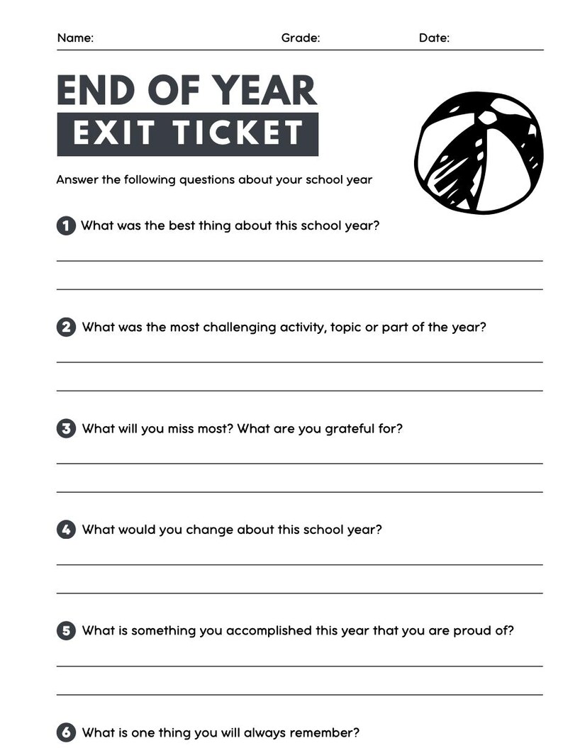 End of Year Exit Ticket Worksheet Elementary Middle School Printable ...