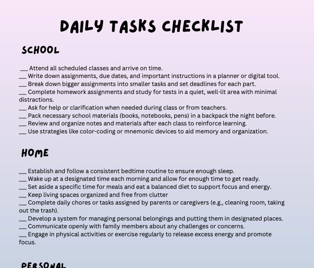 Daily Tasks Checklist for Adolescents With ADHD - Etsy