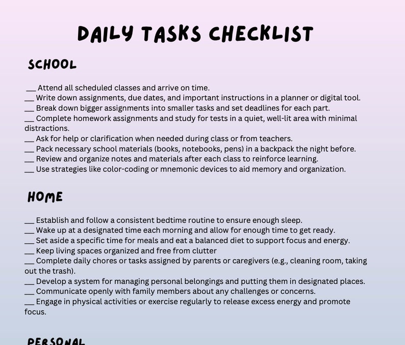 Daily Tasks Checklist for Adolescents With ADHD - Etsy